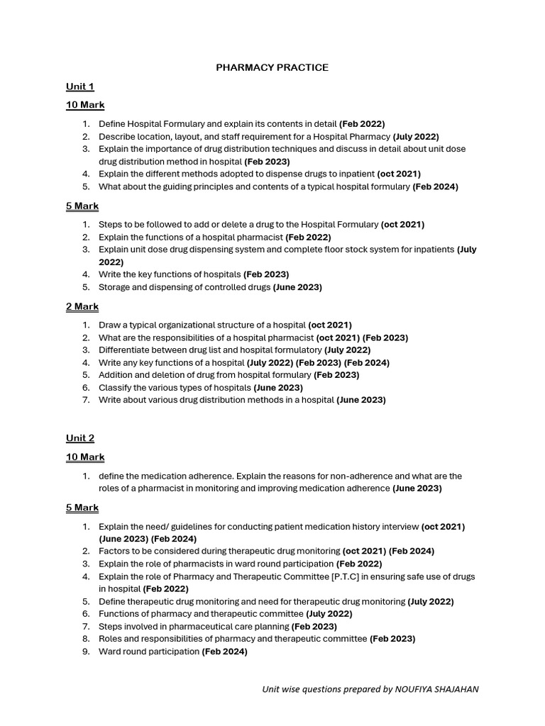 Pharmacy Practice Unit 1 Questions | PDF | Pharmacy | Pharmacist