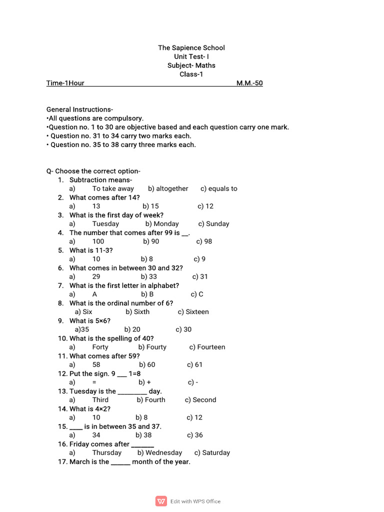 Class 1 Maths Question Paper | PDF | Chess Theory | Chess