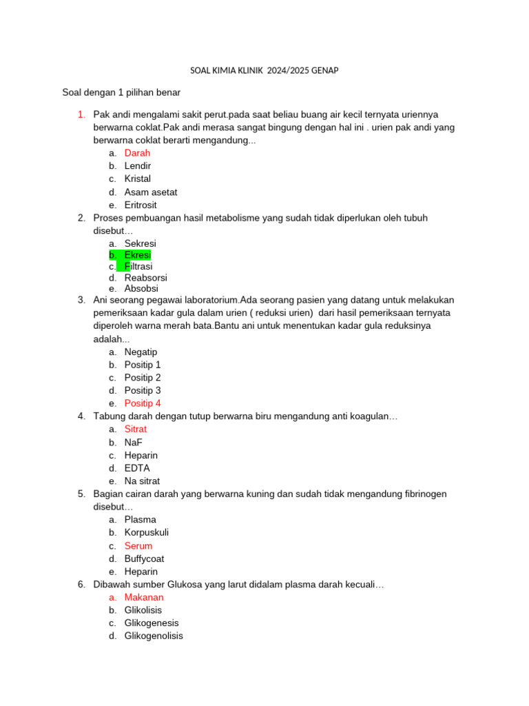 Soal Kimia Klinik 2025 Genap | PDF