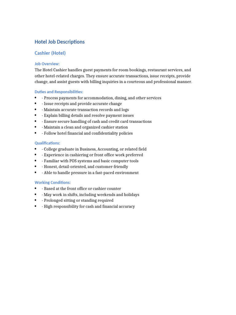 Hotel Job Descriptions | PDF