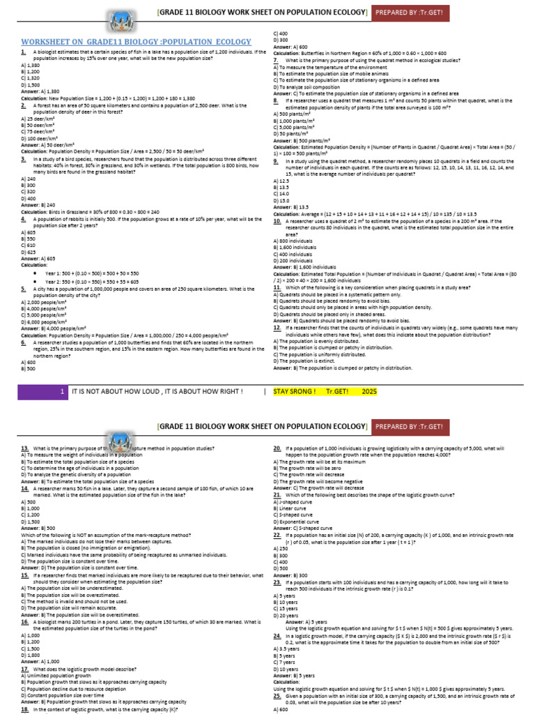 G11 Bio Worksheet On Population Ecology and Natural Resources | PDF | Population Growth | Population