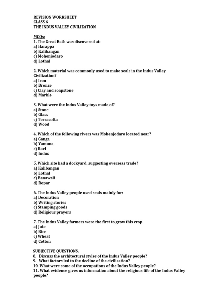Worksheet Cl6 Indus Valley | PDF