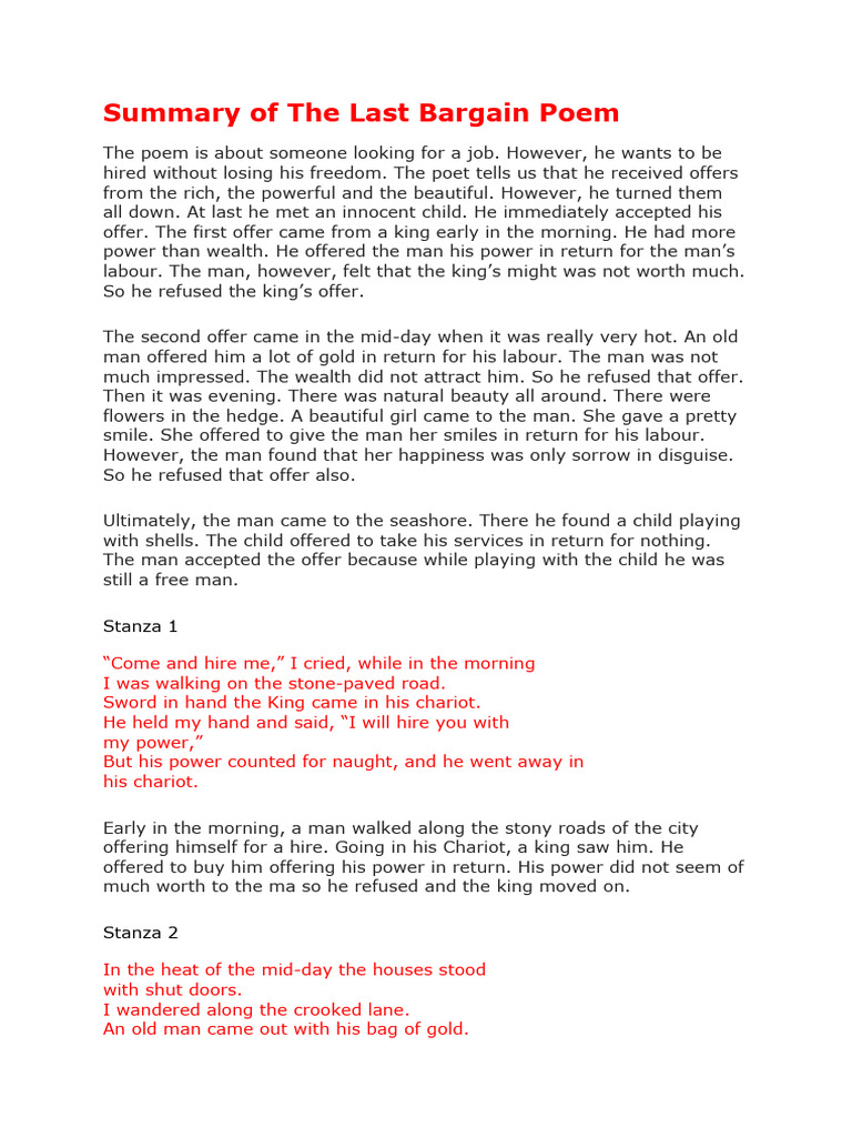 Summary of "The Last Bargain" Poem | PDF