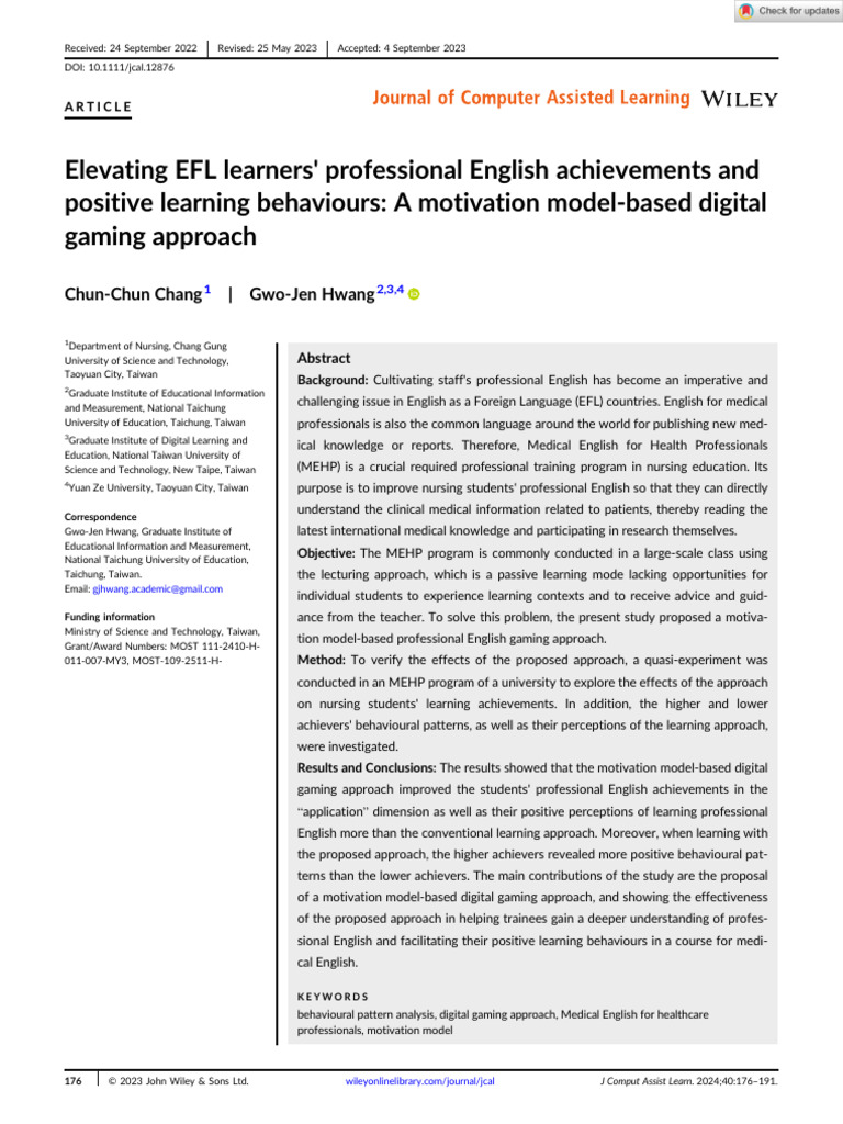 Computer Assisted Learning - 2023 - Chang - Elevating EFL Learners ...