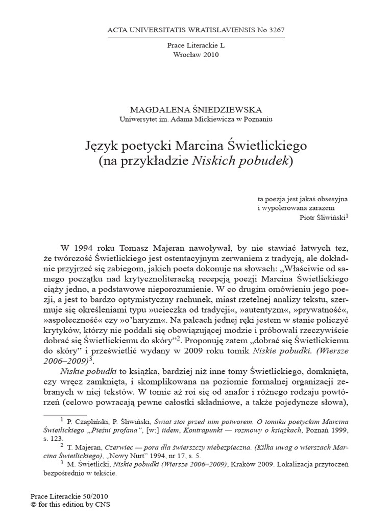 J Zyk Poetycki Marcina Wietlickiego (Na Przyk Adzie) : Niskich Pobudek | PDF