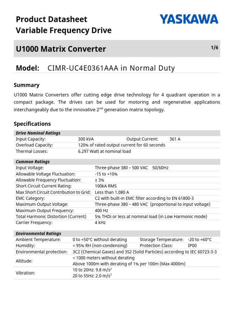 Datasheet Yaskawa U1000 CIMR-UC4E0361AAA | PDF | Power (Physics) | Electrical Engineering