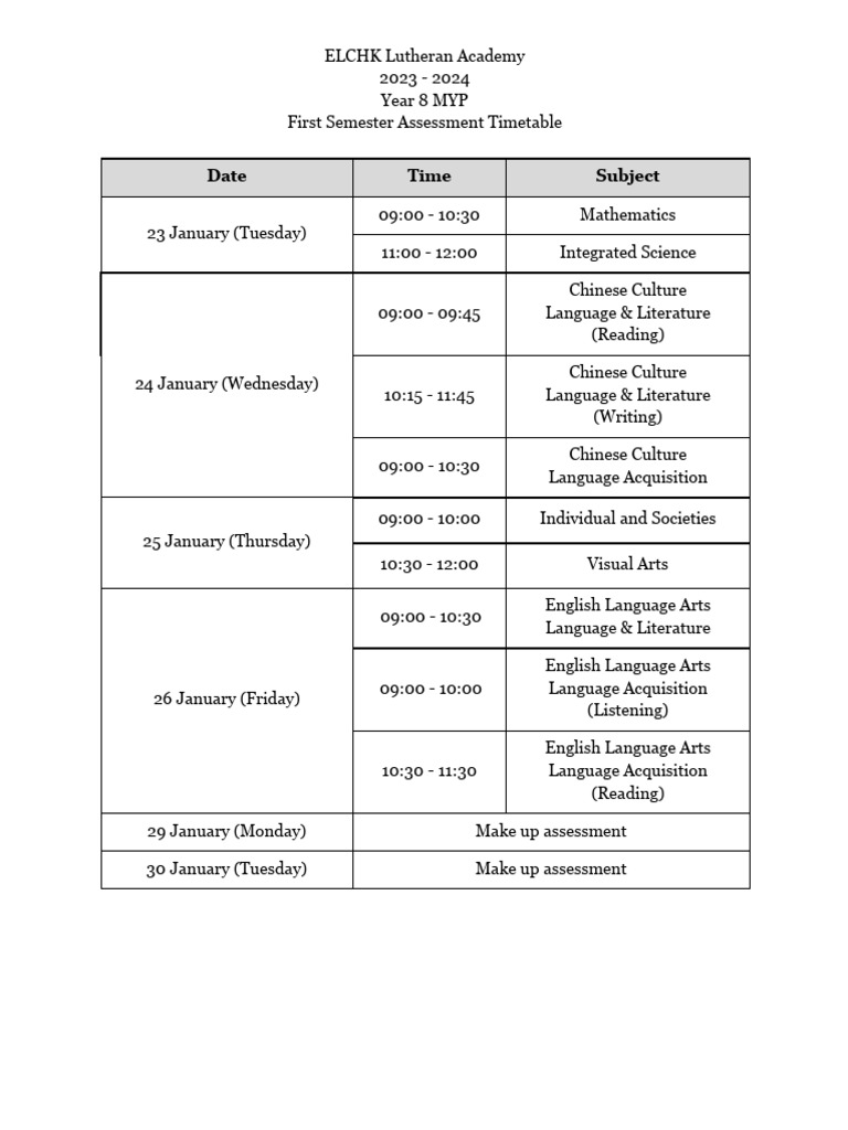 23-24!01!344 (A - Year 8 MYP Assessment Timetable Sem 1) | PDF