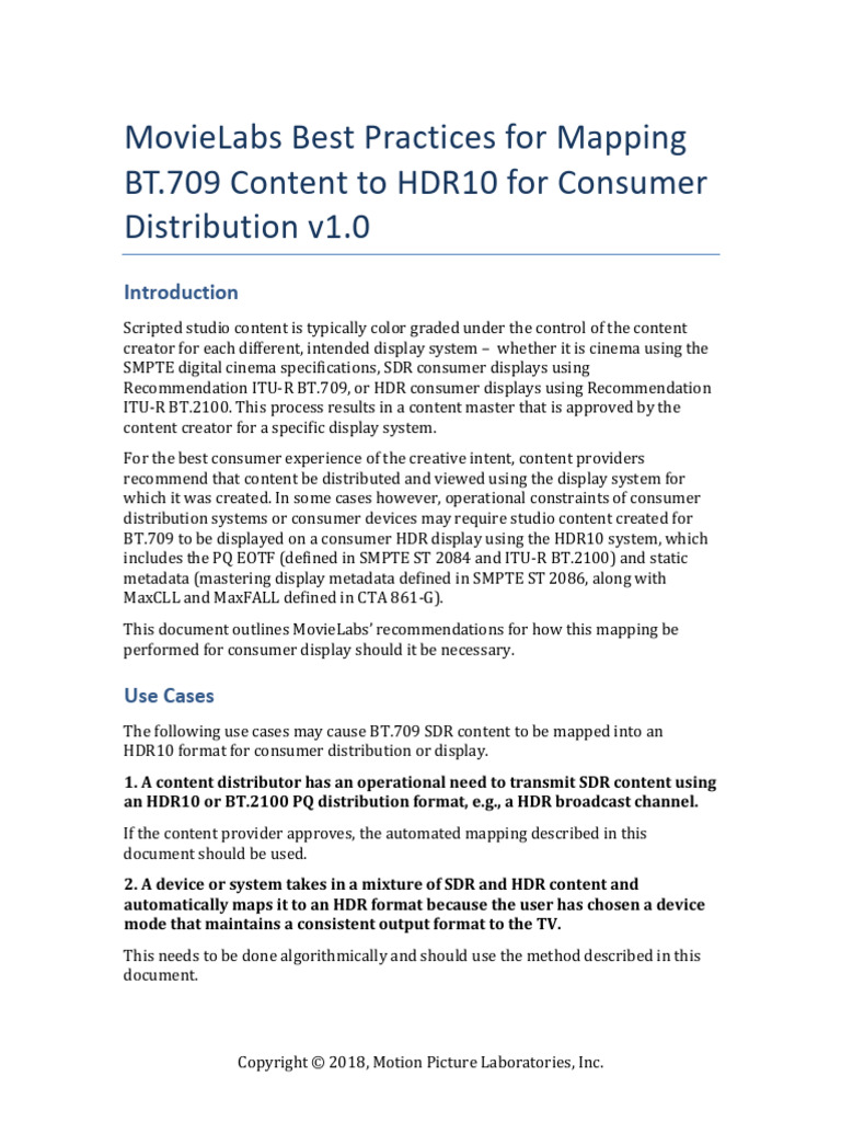 MovieLabs Mapping BT.709 To HDR10 v1.0 | PDF | Image Processing | Digital Technology