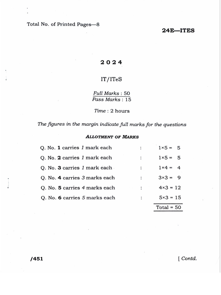 HS 1st Year IT ITeS 2024 Question Paper | PDF