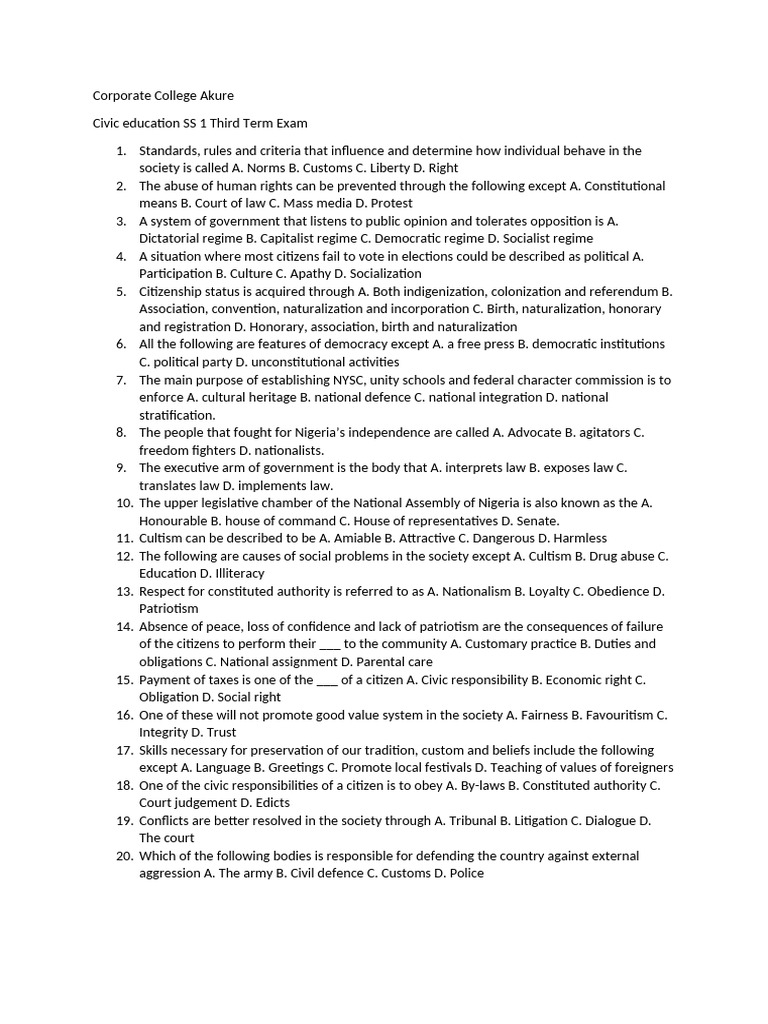 SS1 Civic Education Third Term Exam | PDF | Democracy | Political ...