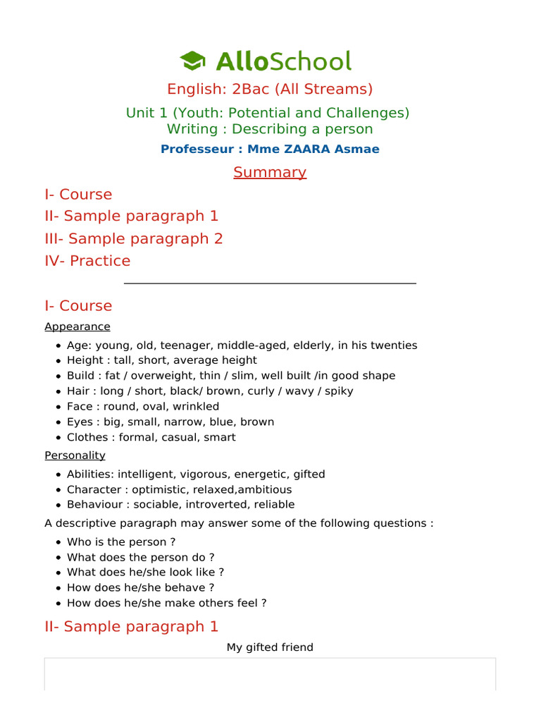Writing 1 Describing A Person | PDF