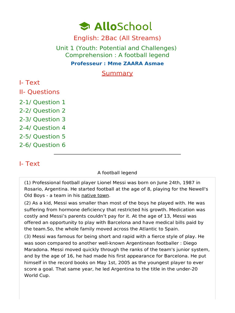 Comprehension 1 A Football Legend 2 | PDF | Lionel Messi | Association ...