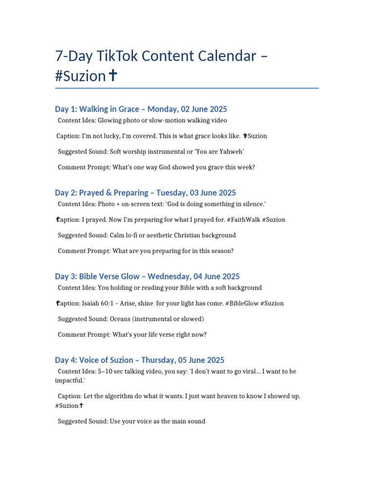 Suzion 7 Day TikTok Content Calendar | PDF
