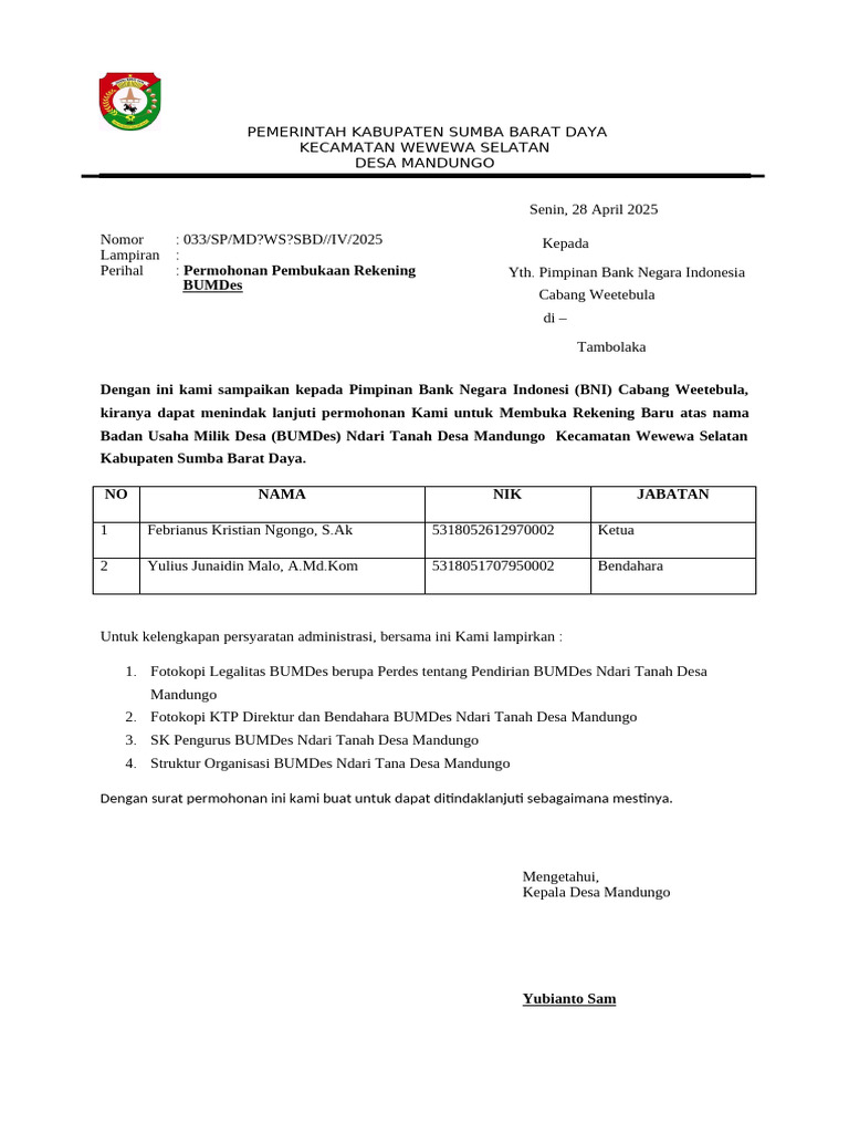 Surat Permohonan Buka Rekening Untuk Bumdes | PDF