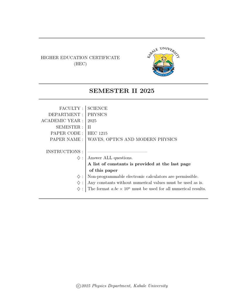 HEC - 2025 (WAVES and OPTIC) | PDF | Diffraction | Waves