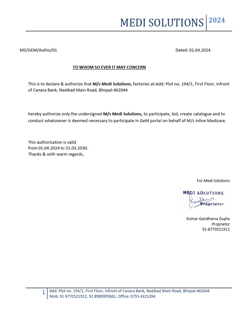 Medi Solutions GeM Authorization Letter | PDF