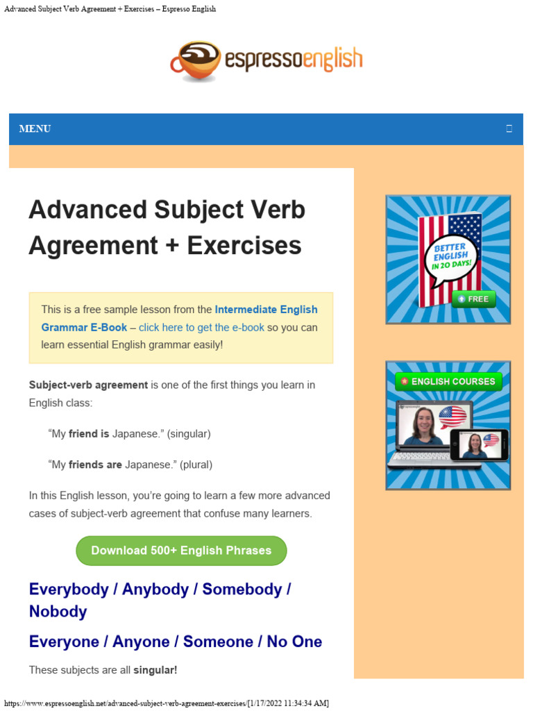 Advanced Subject Verb Agreement + Exercises - Espresso English | PDF ...