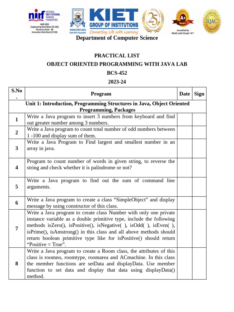 Java List of Experiments | PDF | Method (Computer Programming) | Class (Computer Programming)