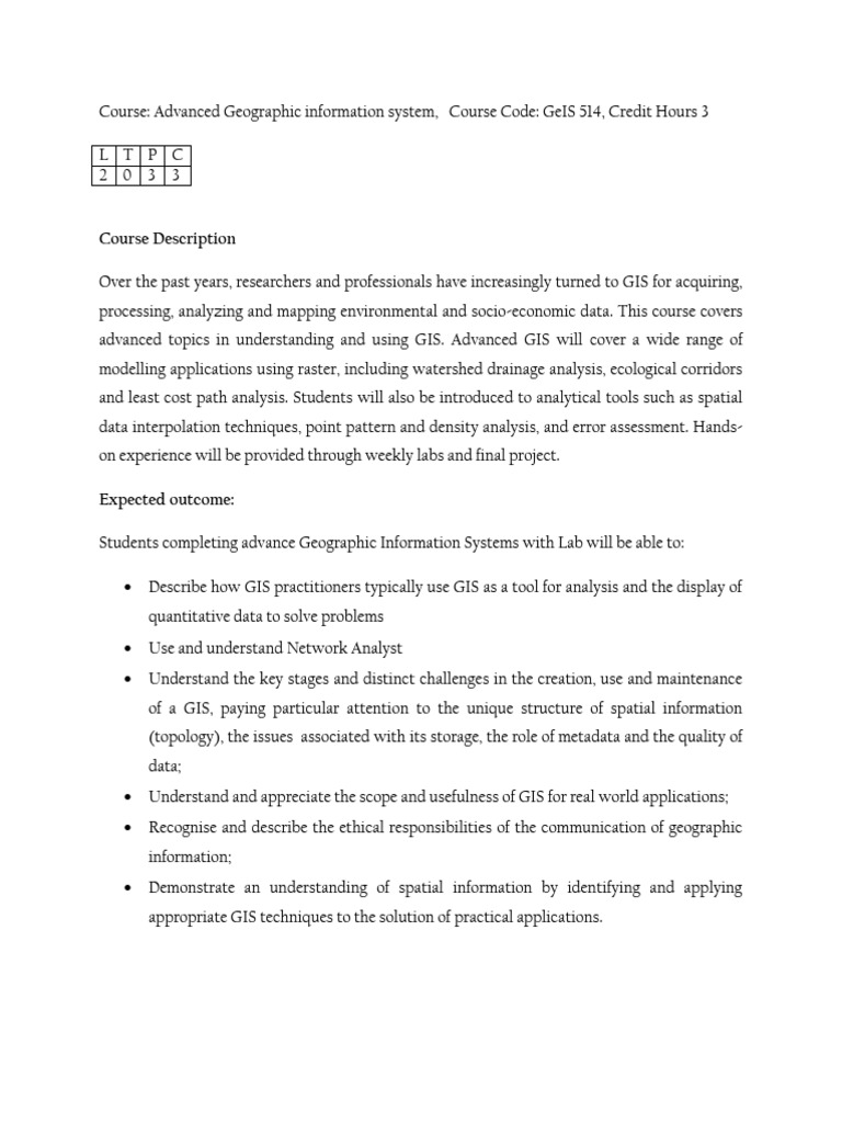 Advanced Geographic Information System Course Outline | PDF | Geographic Information System ...