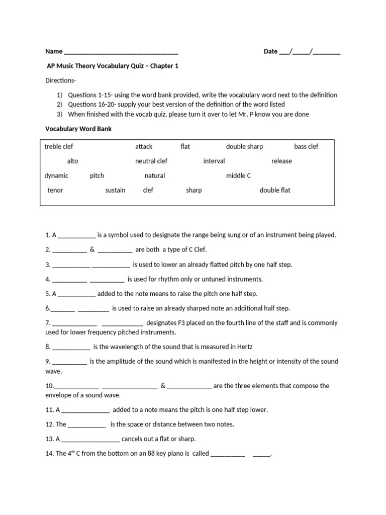 AP Music Theory Chapter 1 Vocabulary Quiz | PDF | Clef | Pitch (Music)