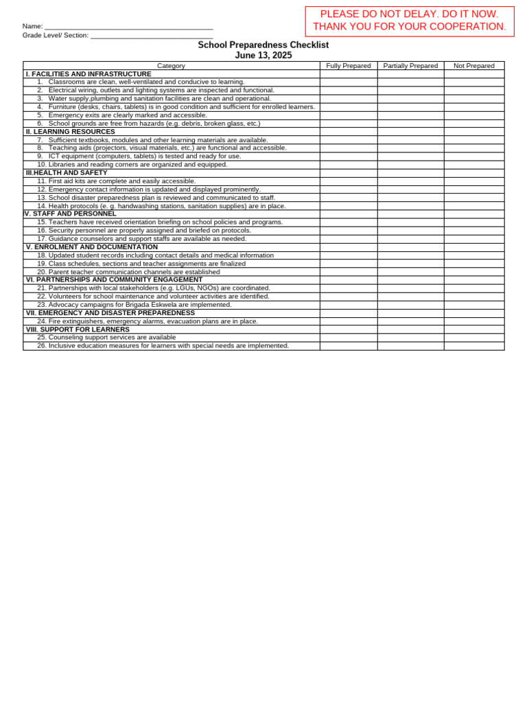 School Preparedness Checklist 2025 | PDF | Emergency Management | Teachers