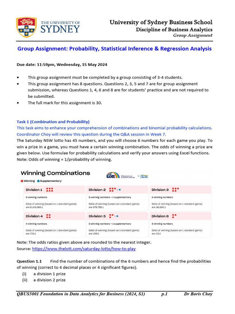 QBUS5001 (2024S1) Group Assignment (Question) | PDF | Regression Analysis | Linear Regression