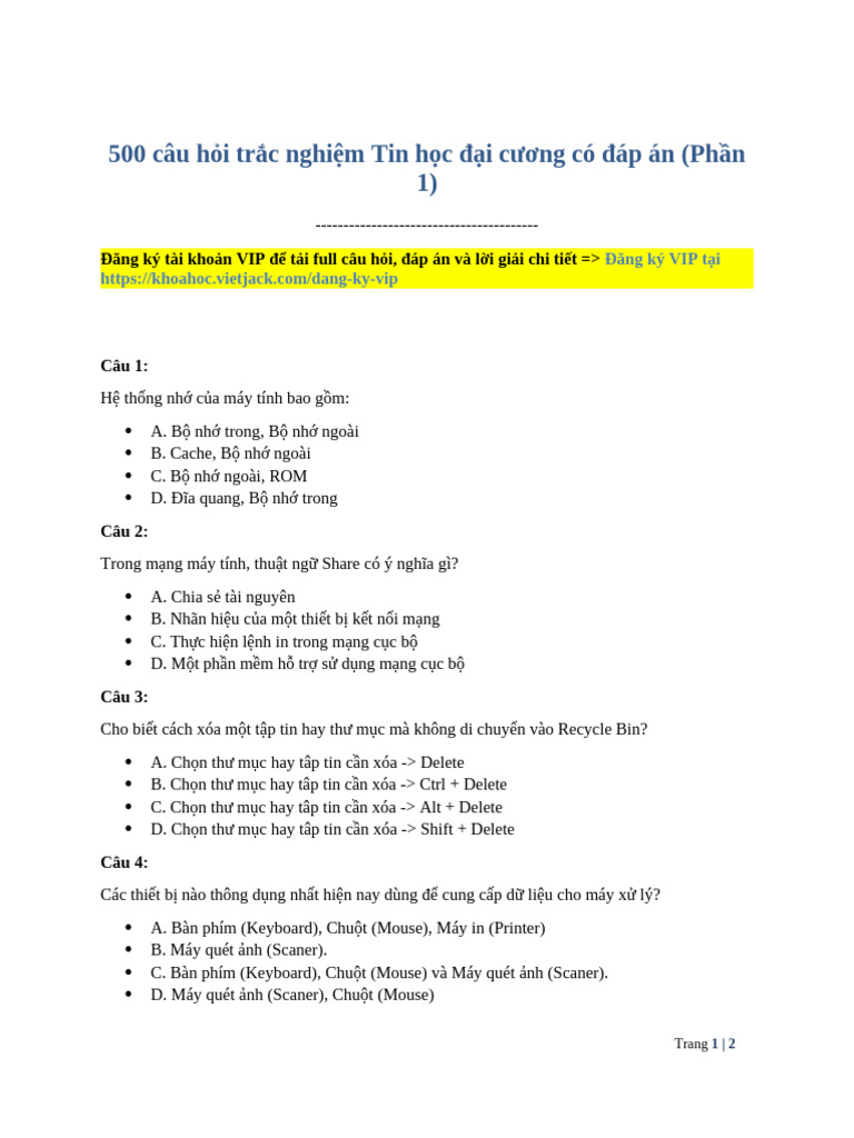 500 Cau Hoi Trac Nghiem Tin Hoc Dai Cuong Co Dap An Phan 1 - 2024 - 12 - 19 | PDF