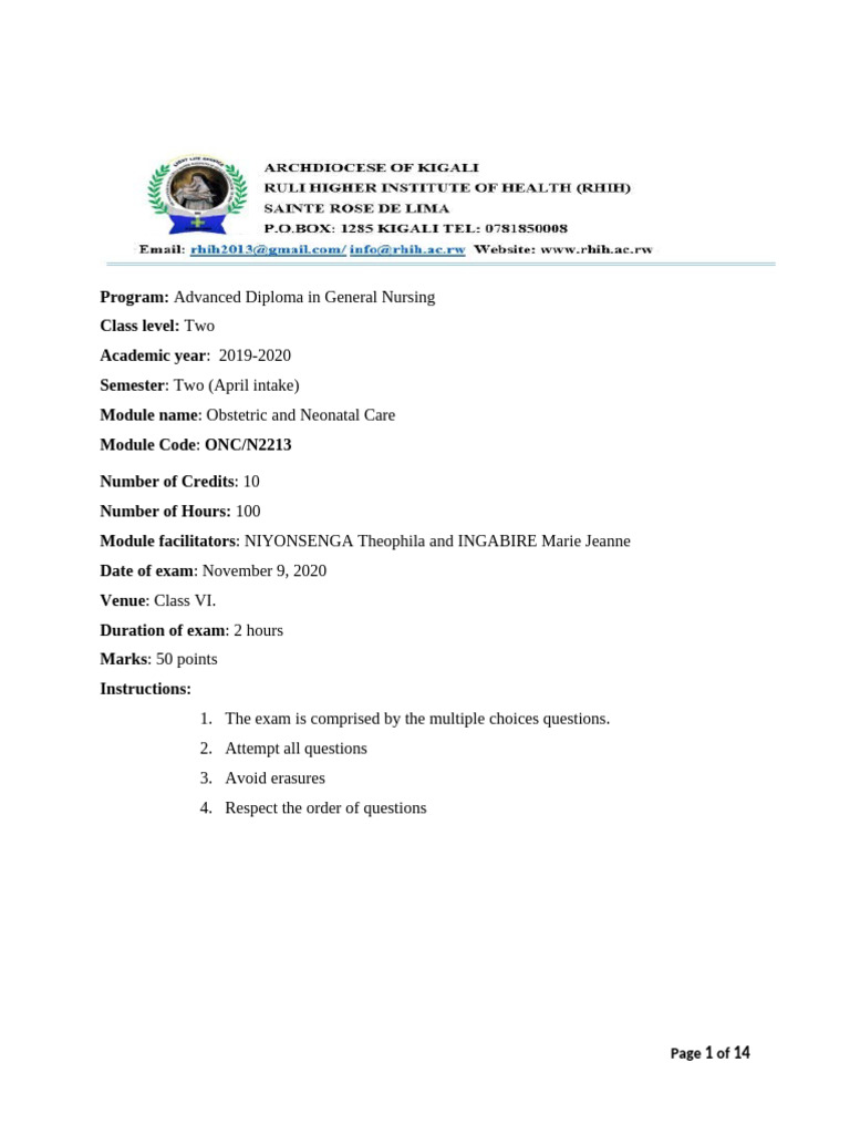 FINAL EXAM ONC APRIL Intake. | PDF | Childbirth | Pregnancy