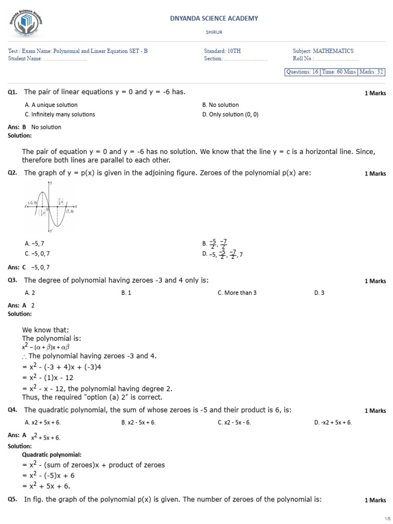 Polynomial and Linear Equation SET - B-10TH-MATHEMATICS-Answersheet | PDF | Zero Of A Function ...