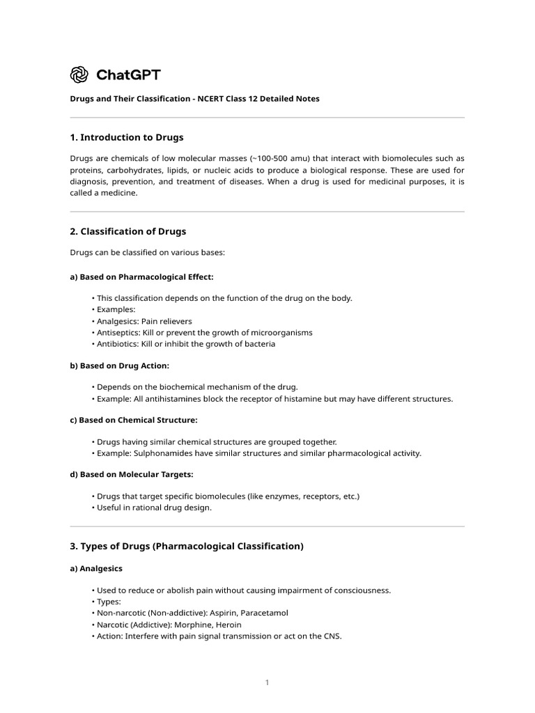 Classification of Drugs: NCERT Class 12 Notes | PDF | Analgesic | Drugs
