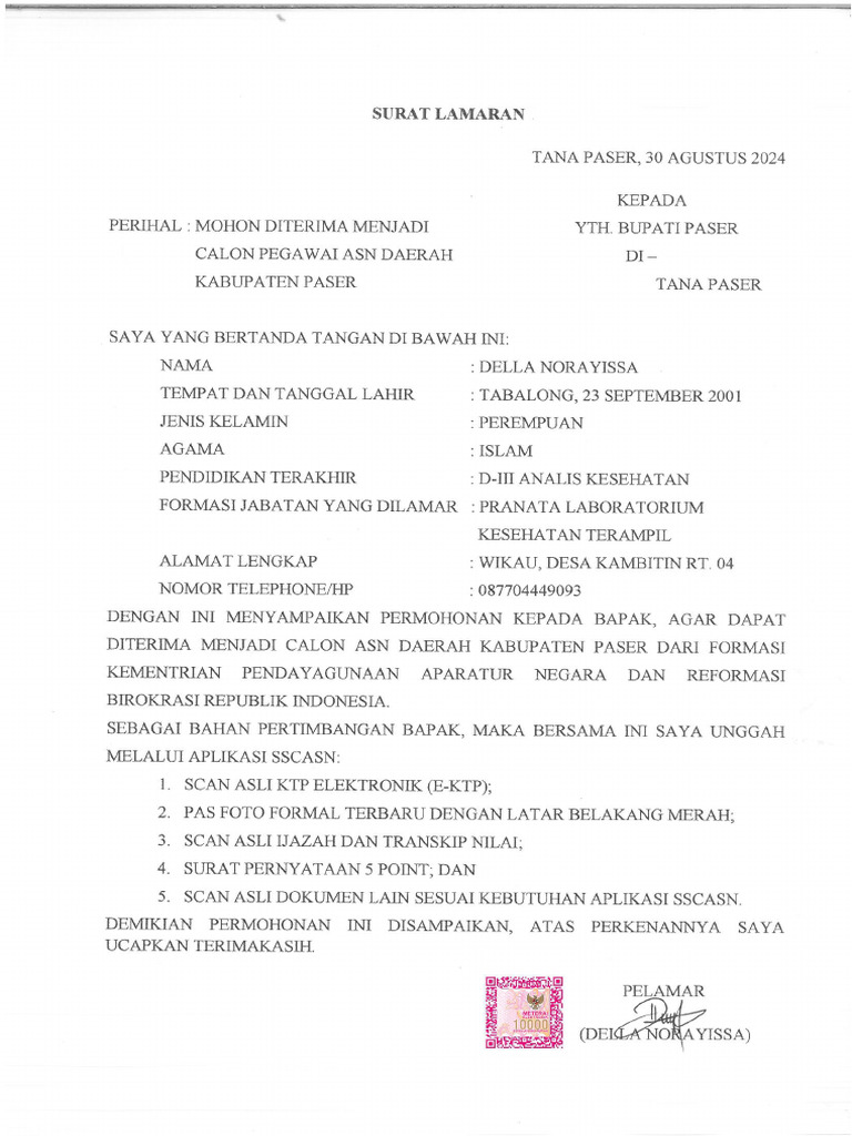 Surat Lamaran Casn 2024 | PDF