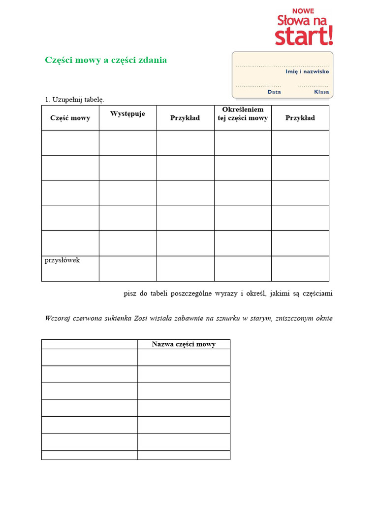 Rozdzial 5 Temat 70 Karta Pracy Czesci Mowy A Czesci Zdania | PDF