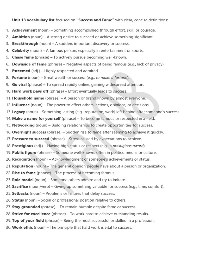 Unit 13 Vocabulary List Success and Fame | PDF