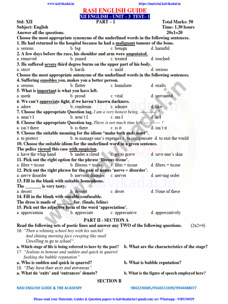 12th English Unit - 3 Unit Test Question Paper 2022 | PDF | Grammar ...