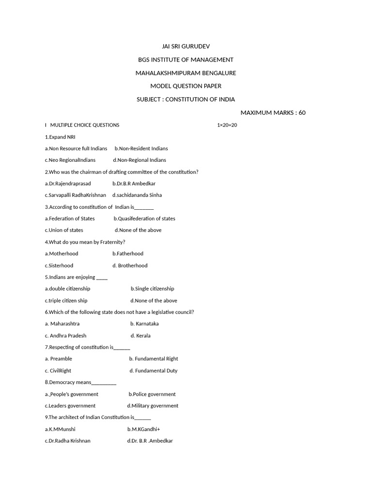 Ic Model Question Paper-1 | PDF | Government | Political Charters
