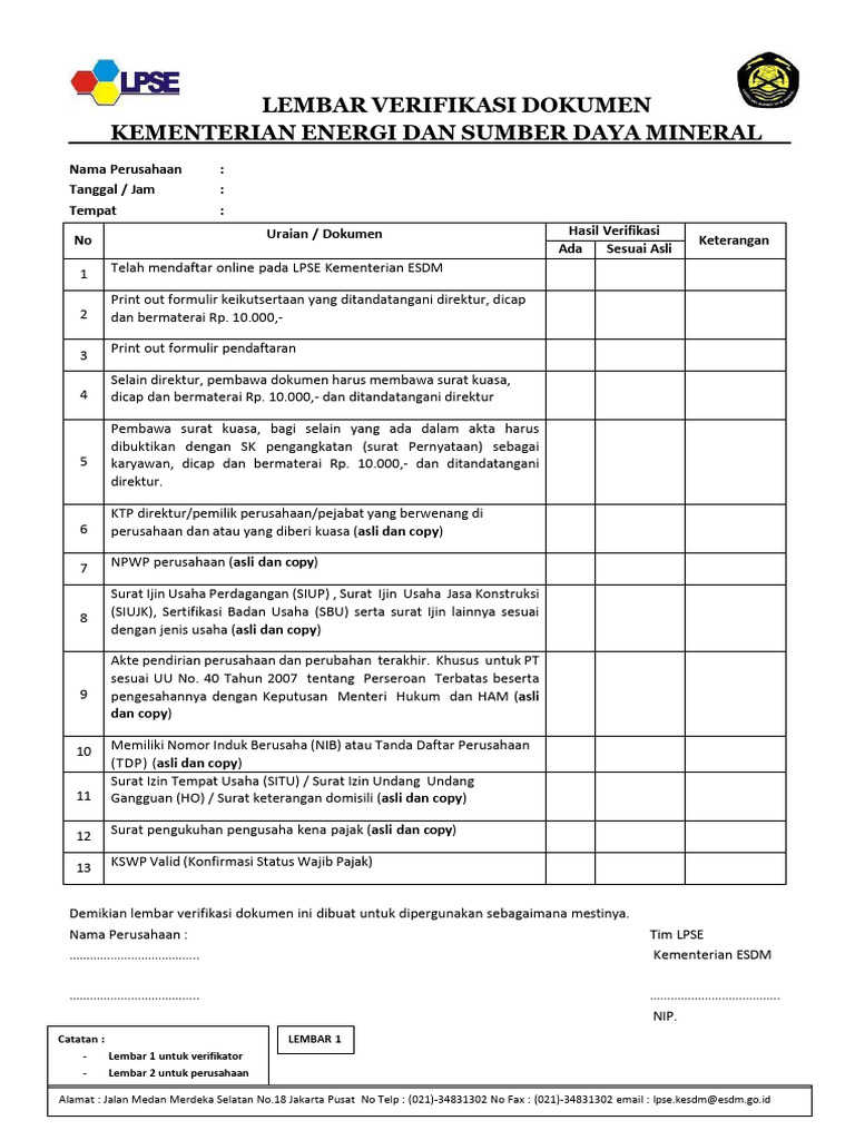 Persyaratan Verifikasi LPSE ESDM - New | PDF