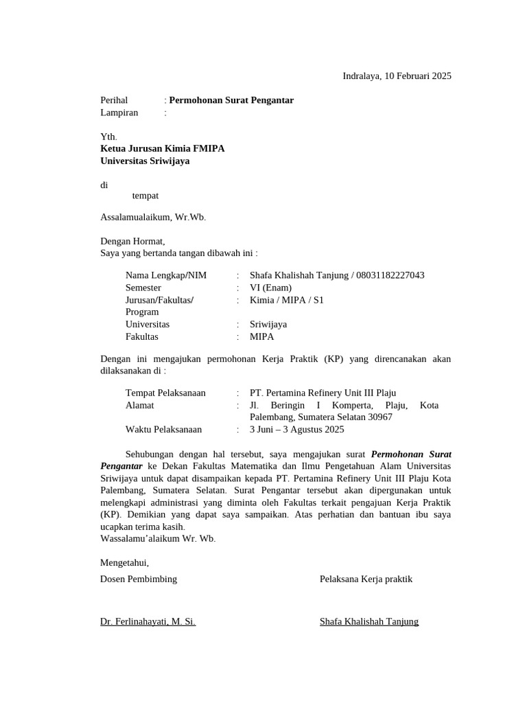 Surat Permohonan KP JUR | PDF