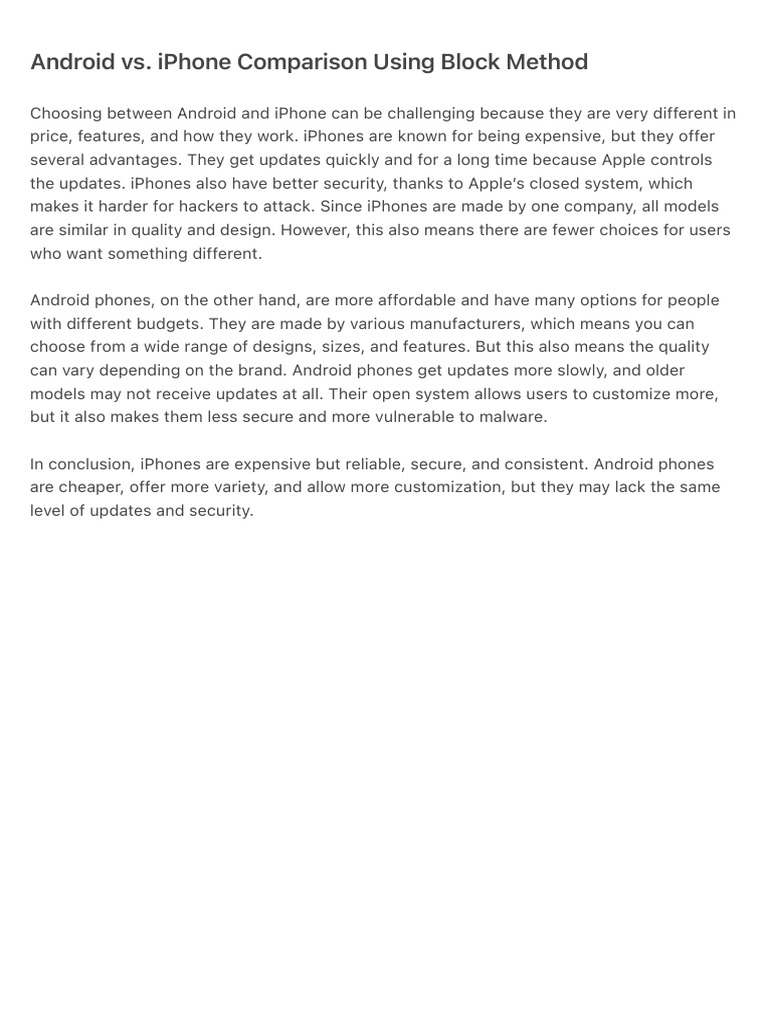 Android vs. iPhone Comparison Using Block Method | PDF