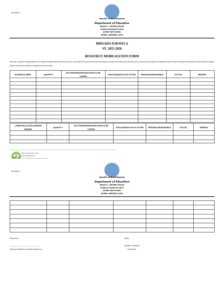 Brigada Eskwela Form 3 Resource Mobilization Form | PDF