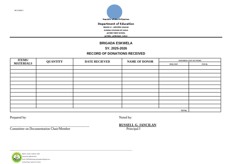 Brigada Eskwela Form 5 Records of Donations Received | PDF