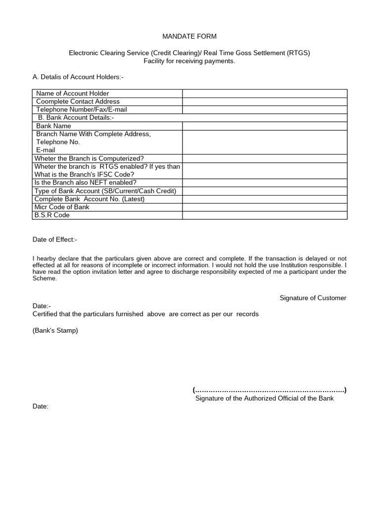 Mandate Form Format | PDF