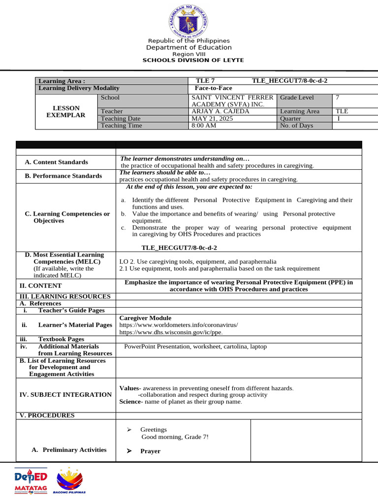Grade 7 - Ppe For Caregiving-Tle | PDF | Personal Protective Equipment