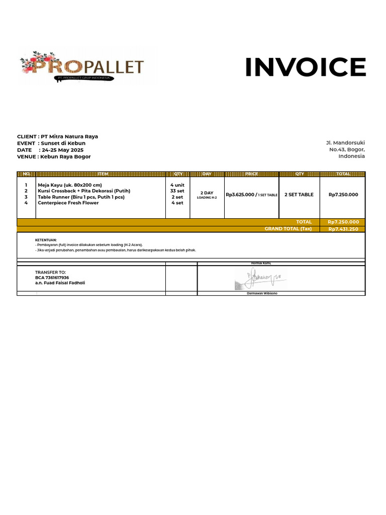INVOICE SUNSET Table Propallet (Signed) | PDF