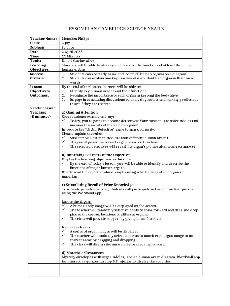 Lesson Plan Cambridge Science Year 3 | PDF | Learning | Lesson Plan