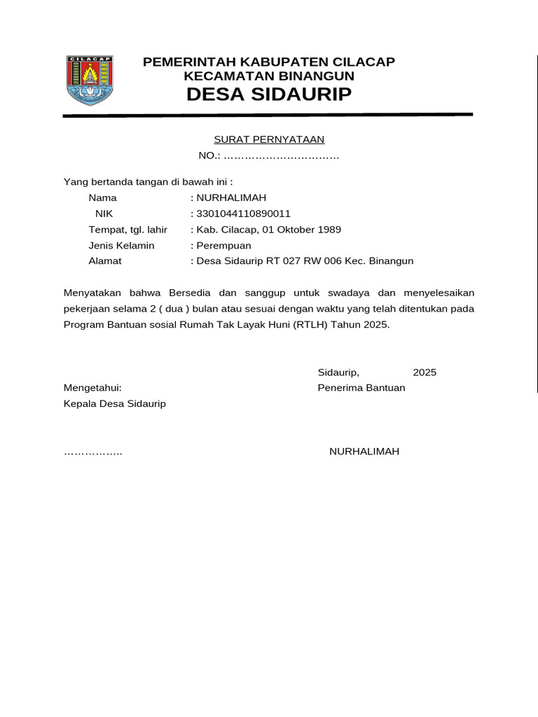 Surat Pernyataan Sanggup Menyelesaikan Pekerjaan | PDF
