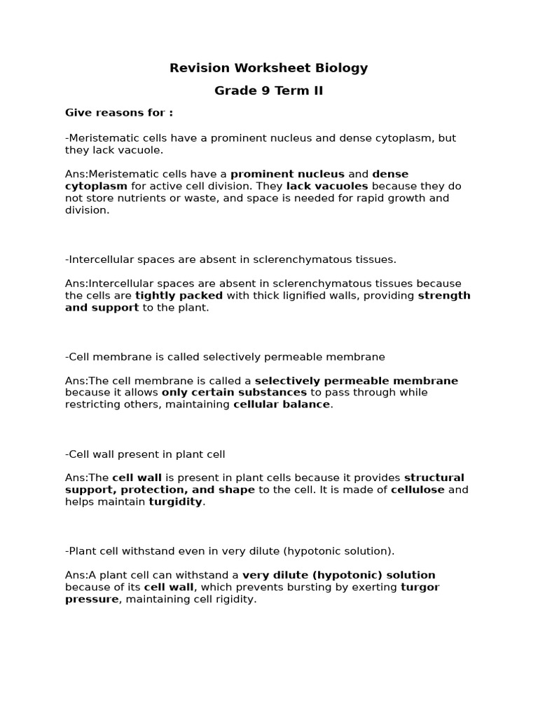 Revision Worksheet SA2 Biology | PDF | Cell (Biology) | Cell Membrane