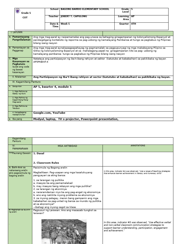 Grade 5 COT School Bagong Barrio Elementary School Grade Level 5 ...