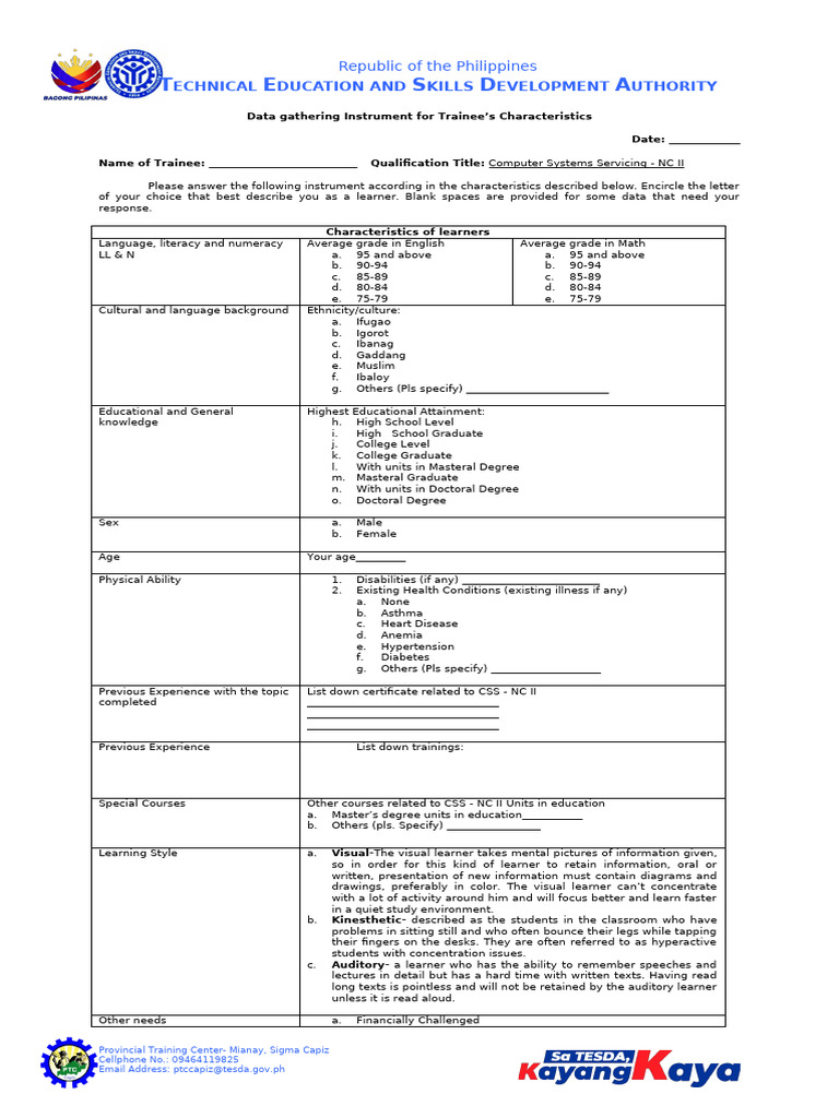 Data Gathering Instrument For Trainee Form | PDF | Learning | Cognition