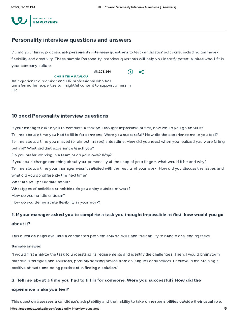 10+ Proven Personality Interview Questions (+answers) | PDF ...
