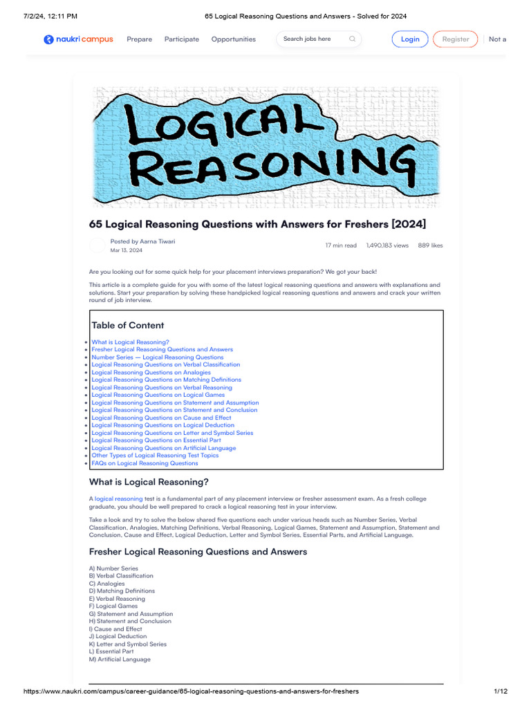 65 Logical Reasoning Questions and Answers - Solved For 2024 | PDF ...